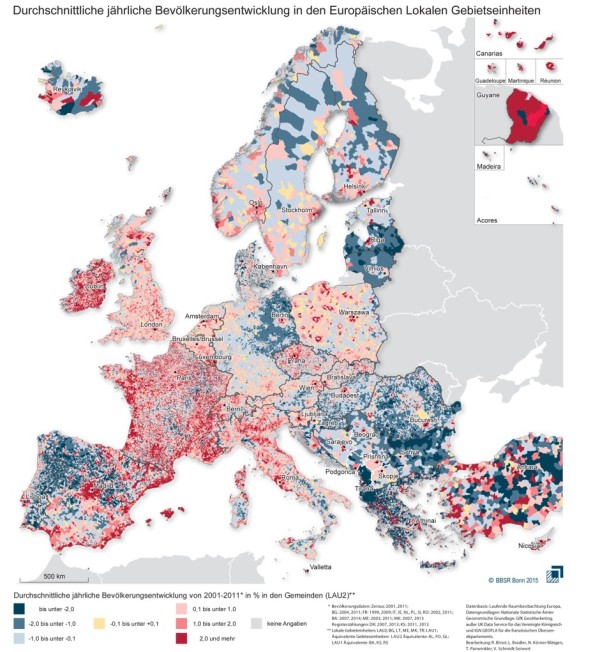 Veoma detaljna mapa demografskih promena u Evropi 2001-2011 – Penzin